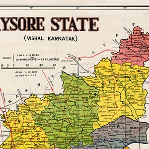 Vintage Map of the Mysore State, Kingdom of Mysore, Mysore Map, Indian ...