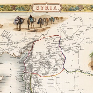 Antique Map of Syria, Old Syria Map With Drawings of Camels, Jerusalem ...