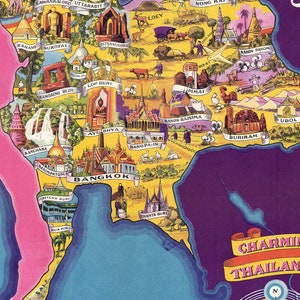 Vintage Travel Map of Thailand, Old Thailand Tourist Attractions Map ...