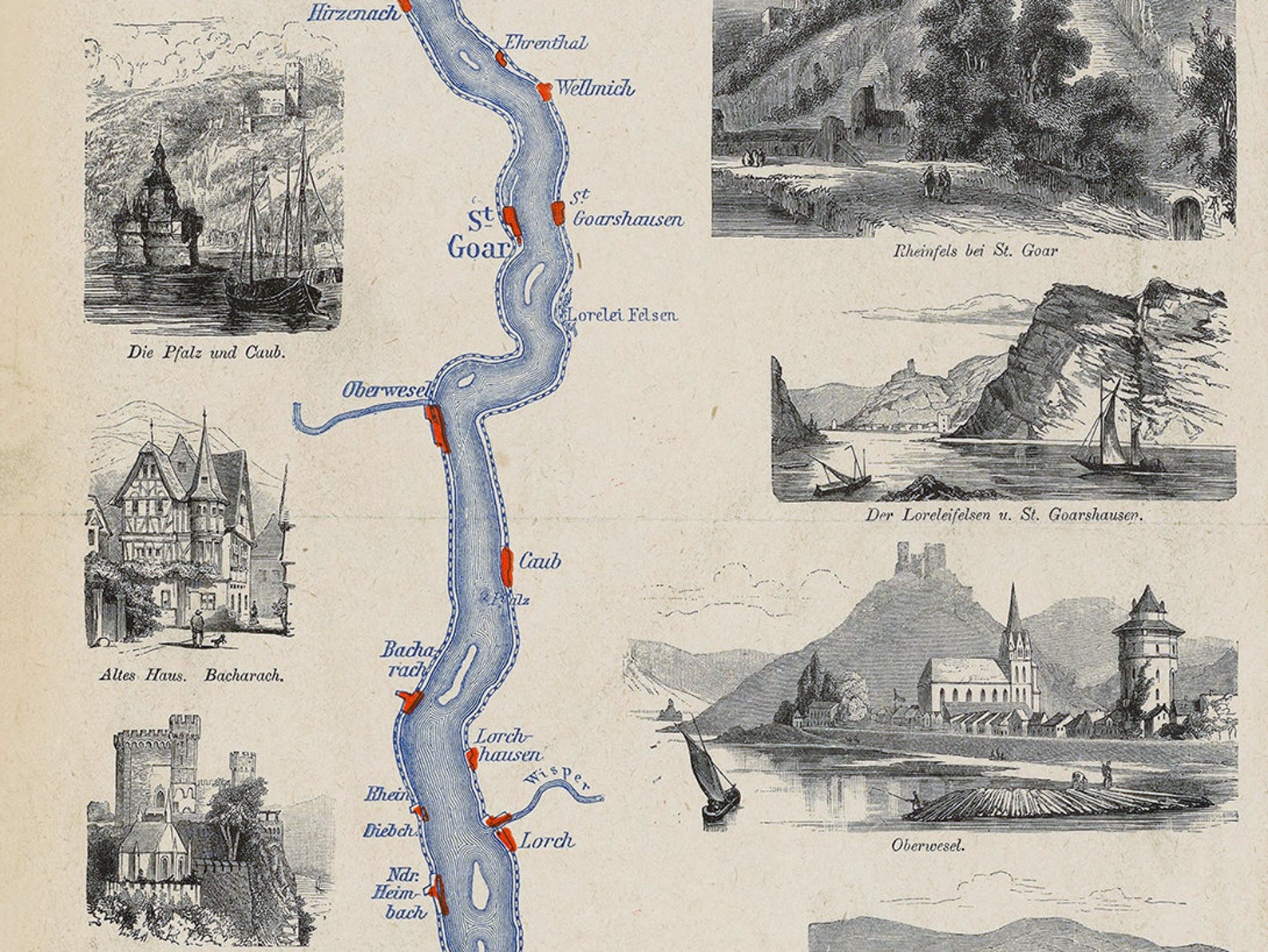 Rhine River Map Art Vintage Map of Rhine River Old Rhine - Etsy