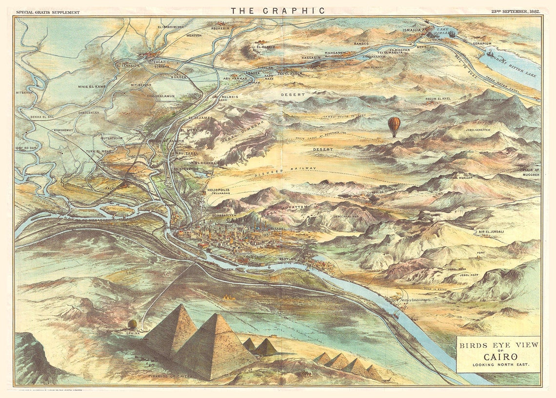 Antique Cairo Poster Map Bird's-eye View Map of Cairo - Etsy