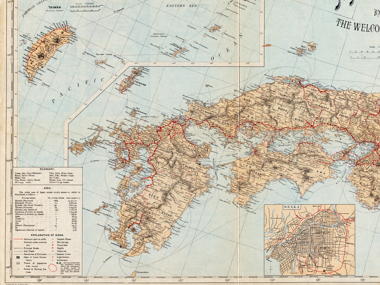 Vintage map of Japan old Japan map Insets: Taiwan Osaka | Etsy