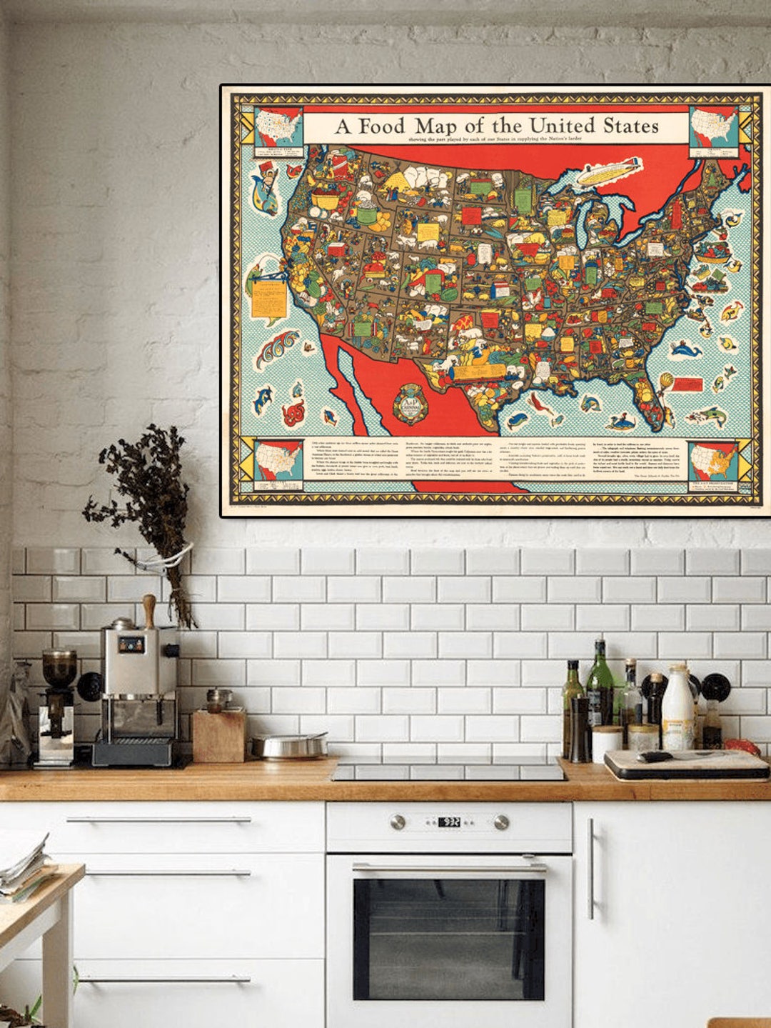 A Food Map of the United States, Vintage United States Gastronomy Map ...
