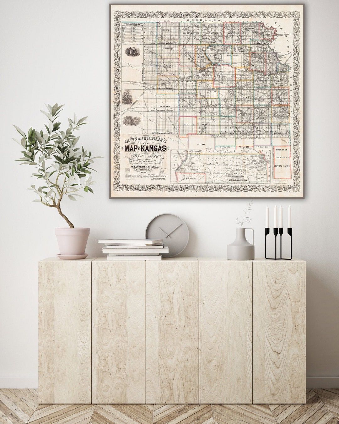 Antique Kansas State Map, Indicates Locations of Forts and Missions ...