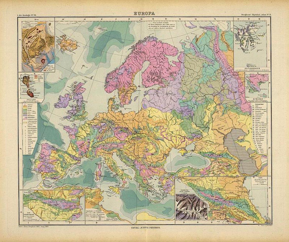 Vintage Europe Geological Map: 1882 Lithograph Art Print - Etsy