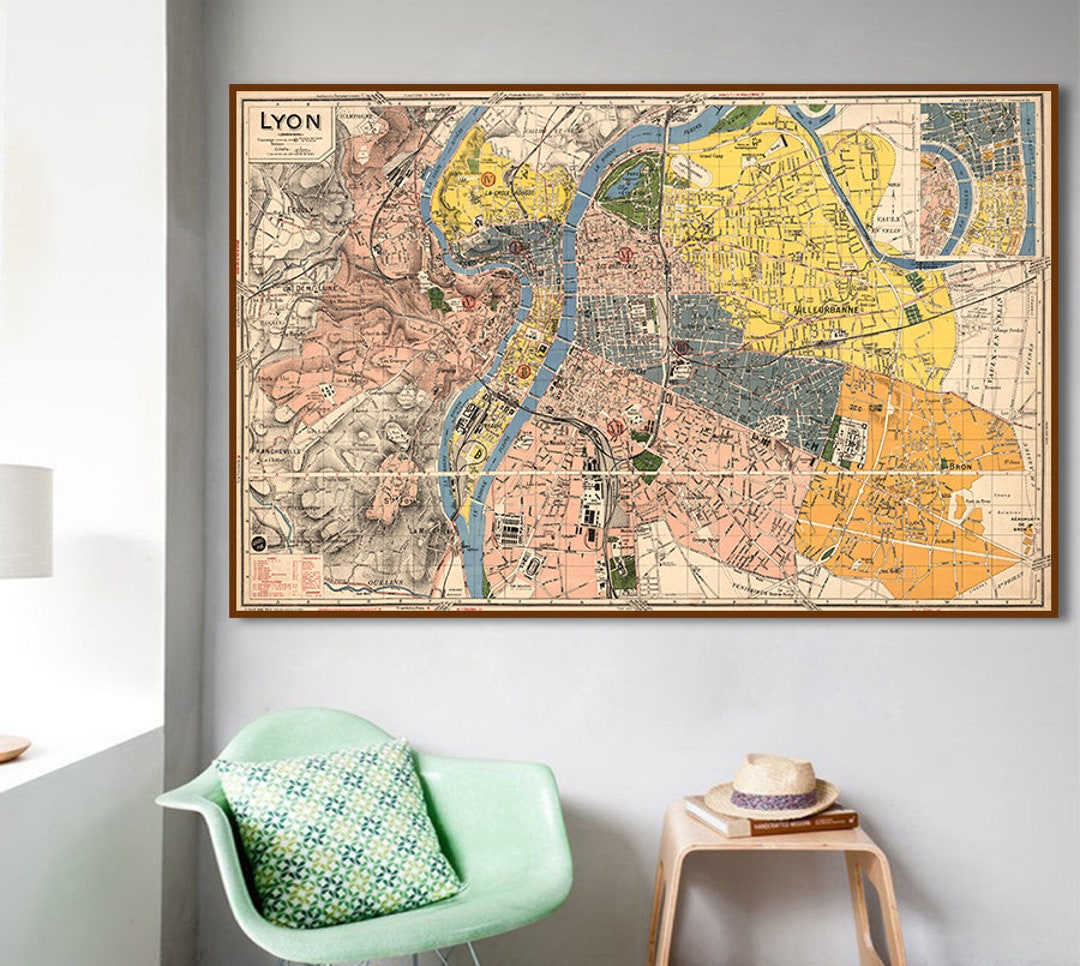 Vintage Map of Lyon, Old Lyon Print, Lyon France, Lyon Art, Lyon Wall ...