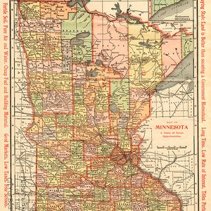 Vintage Map of Minnesota, Old Minnesota Print, Large Minnesota Wall Art ...