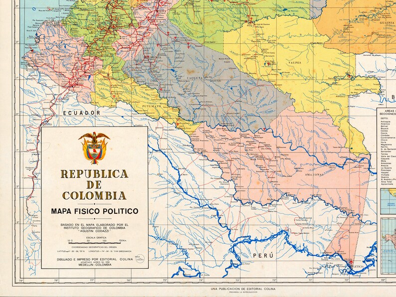 Colombia Wall Map Vintage Map of Colombia Old Colombia Map | Etsy