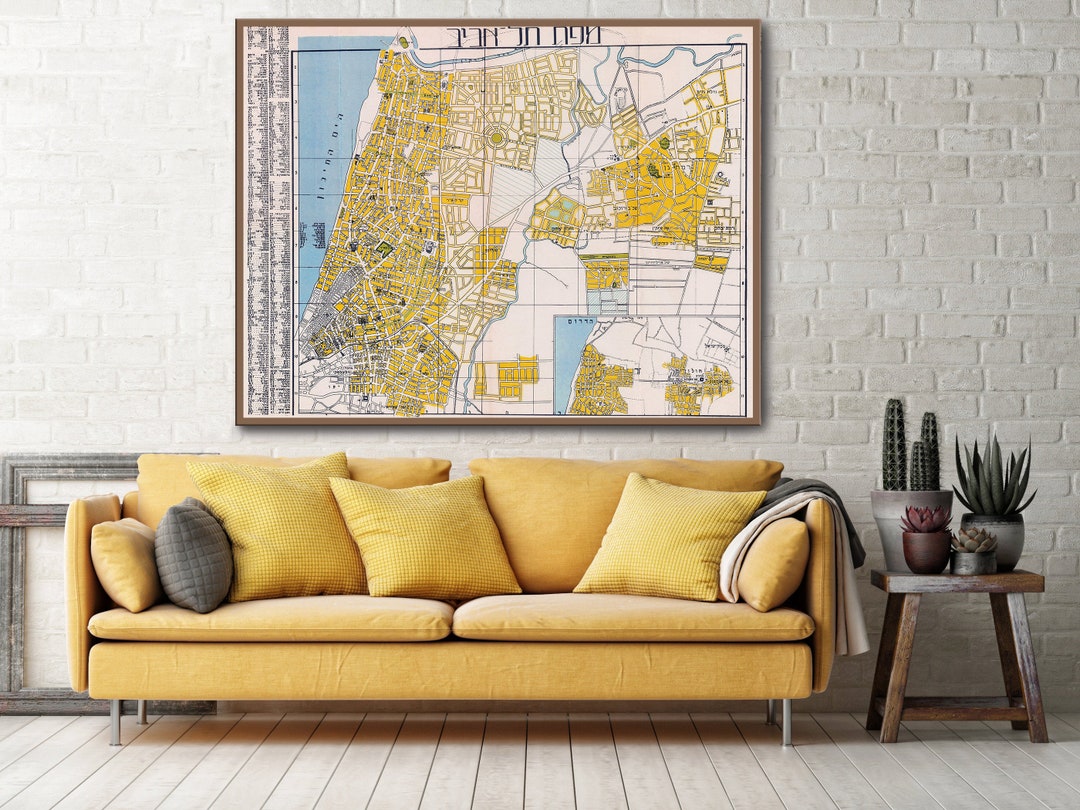 Tel Aviv Map in Hebrew, Vintage Tel Aviv Wall Art, Historic Tel Aviv ...
