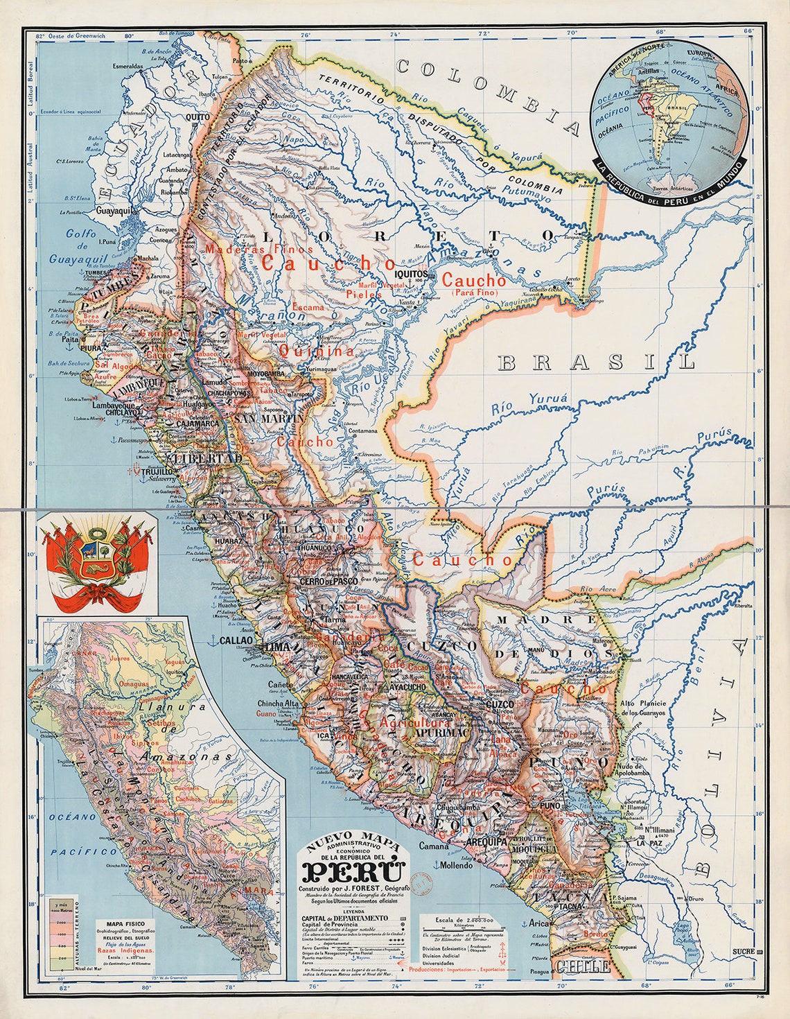 Mapa vintage de Perú mapa antiguo de Perú decoración grande - Etsy México