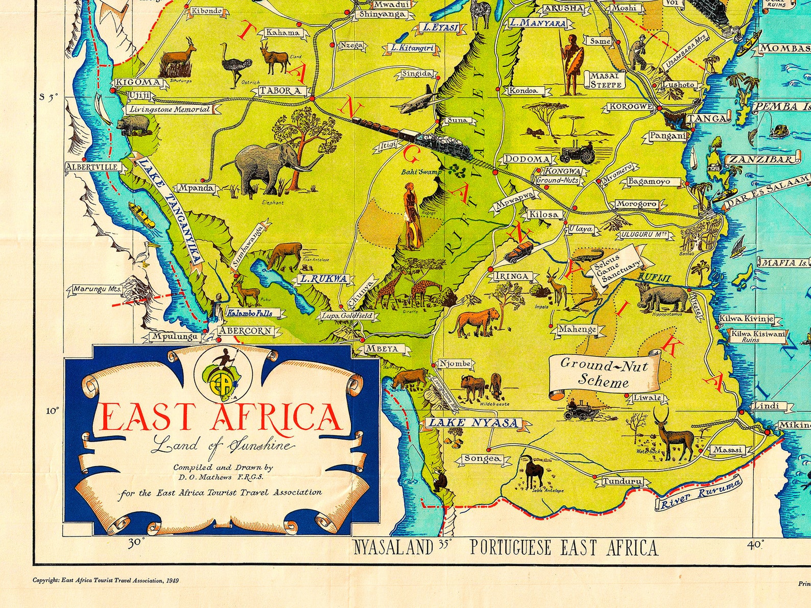 Vintage Pictorial Map of East Africa kenya, Tanzania, Uganda, Zanzibar ...