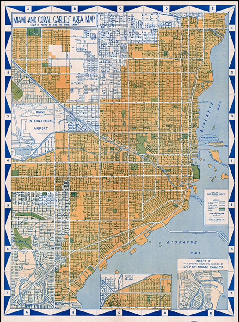 Vintage Street Map of the Miami and Coral Gables Large Miami - Etsy
