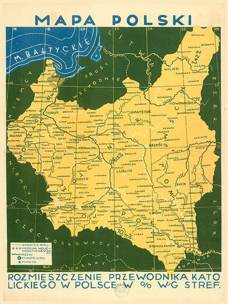 Vintage Poland Map Poster: 1936 Polish Wall Art Print - Etsy