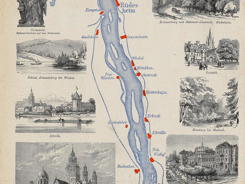 Rhine River Map Art Vintage Map of Rhine River Old Rhine - Etsy
