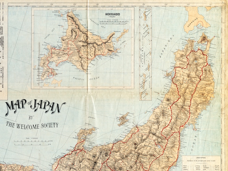 Vintage Map of Japan Old Japan Map Insets: Taiwan Osaka - Etsy
