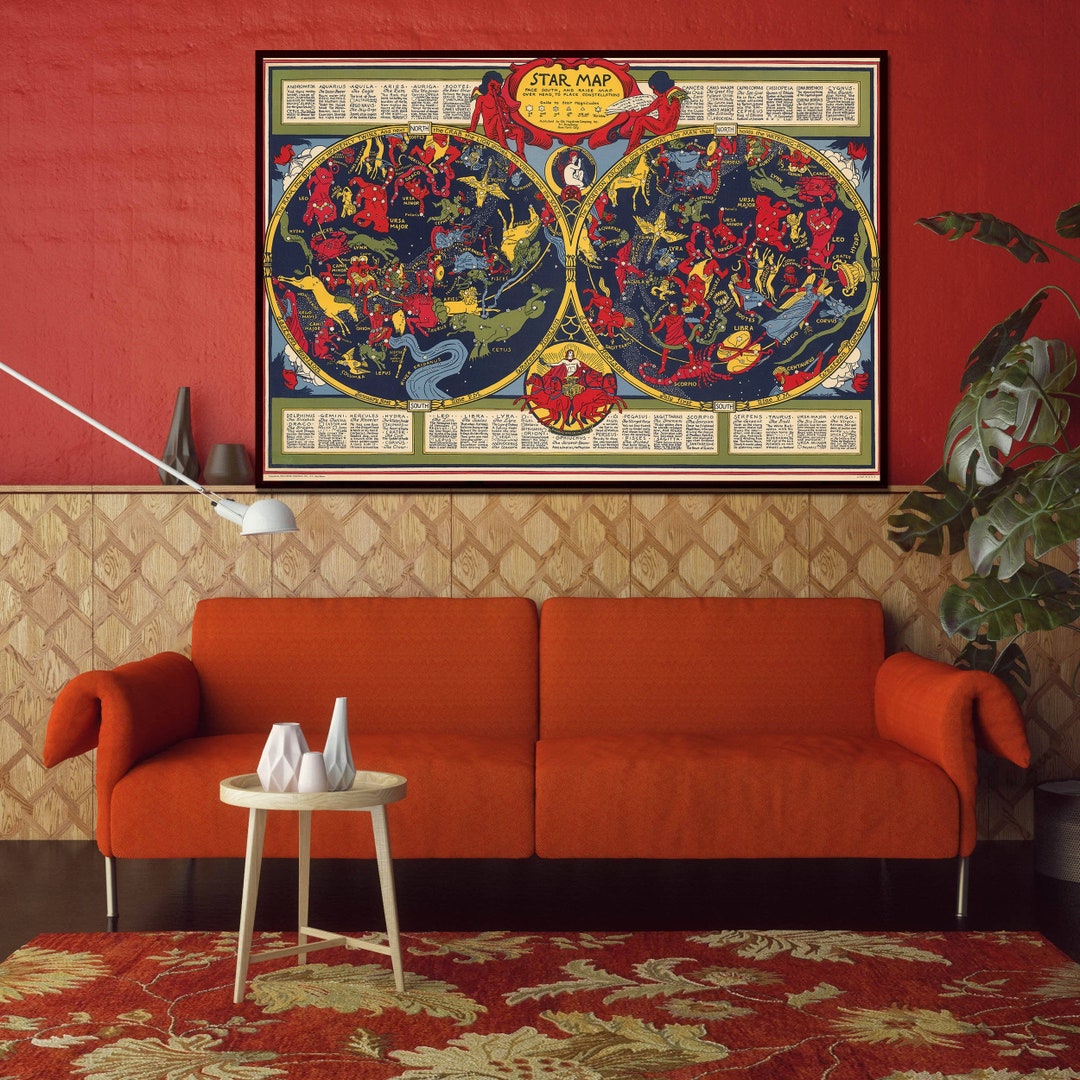 Vintage Star Map, Constellations Map, Old Sky Map, Pictorial Celestial ...