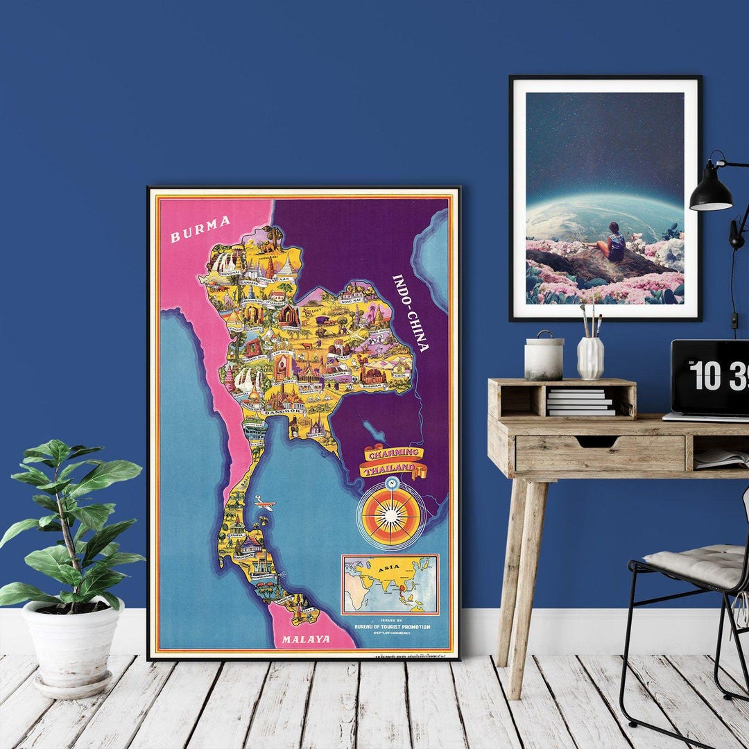 Vintage Thailand Travel Map Print: 1950s Tourist Attractions - Etsy
