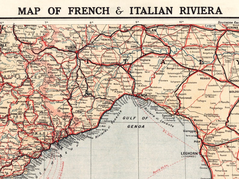 Vintage map of French and Italian Riviera French Riviera | Etsy