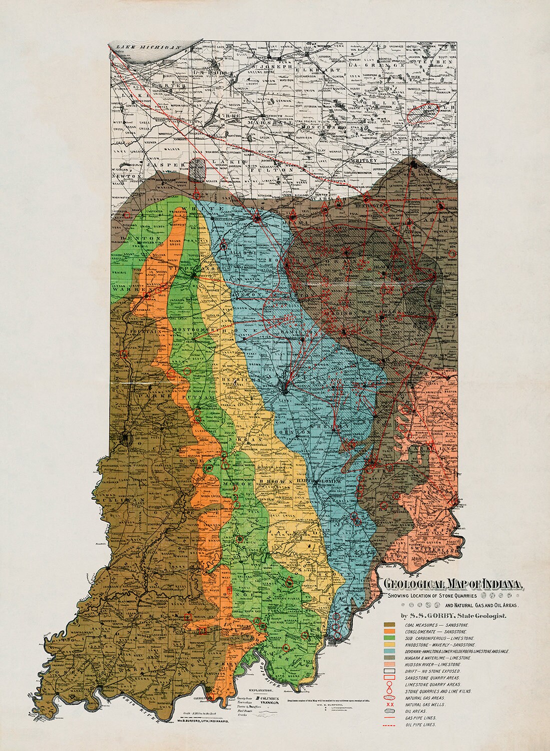 Geological Map of Indiana Old Indiana Map Indiana Wall Art - Etsy