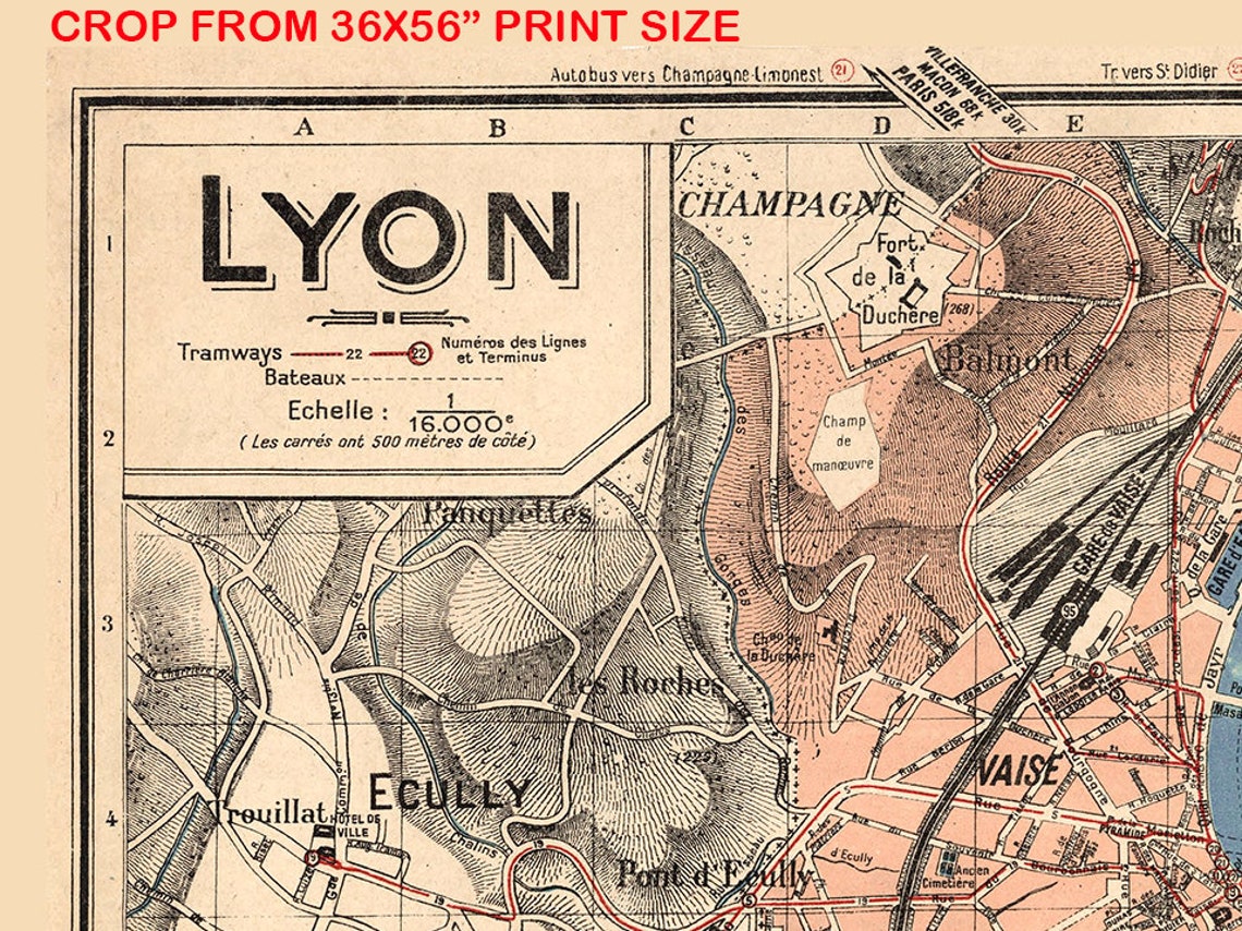 Vintage Map of Lyon Old Lyon Print Lyon France Lyon Art - Etsy