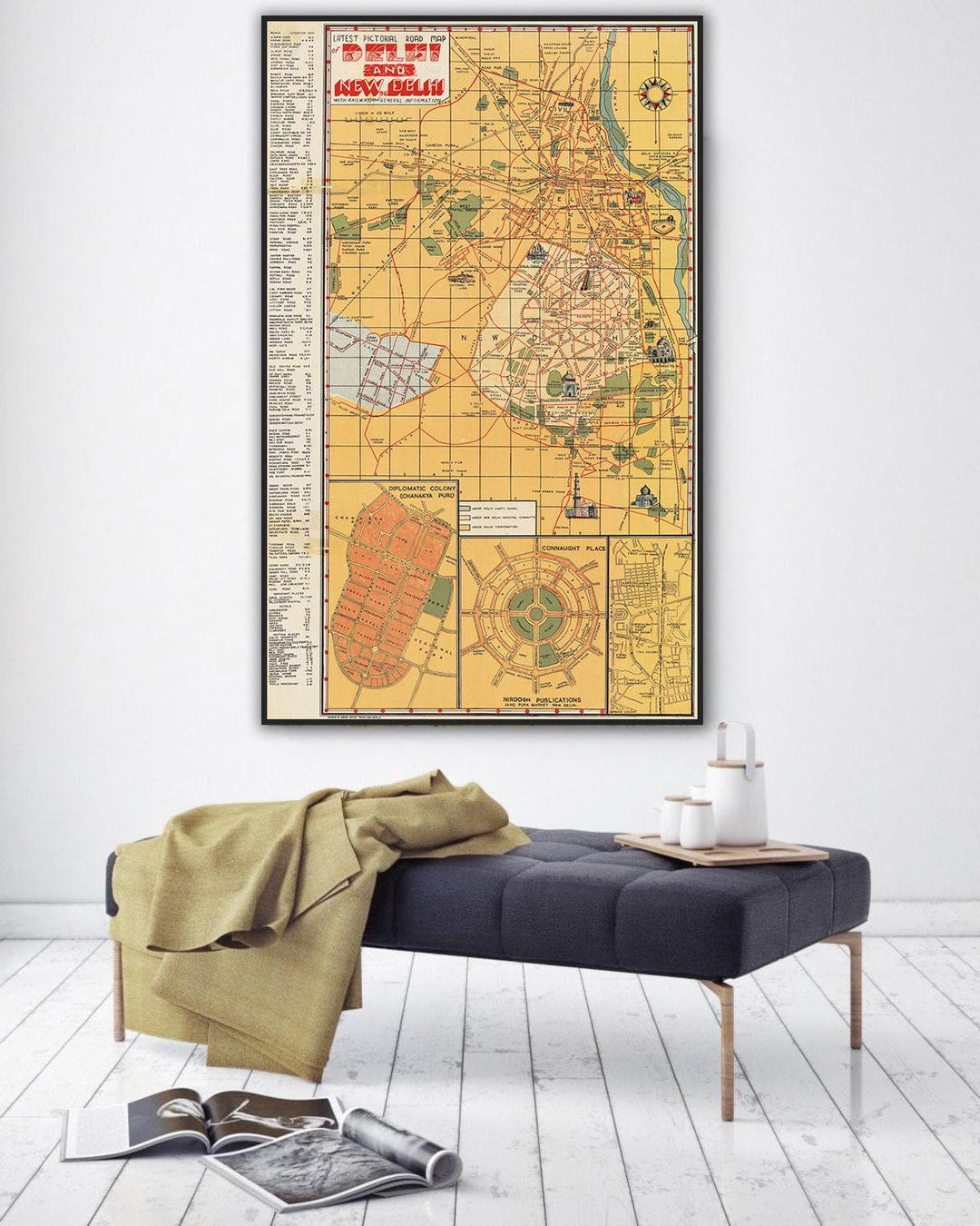 Vintage New Delhi Map Print: Pictorial India Road Map Wall Art - Etsy