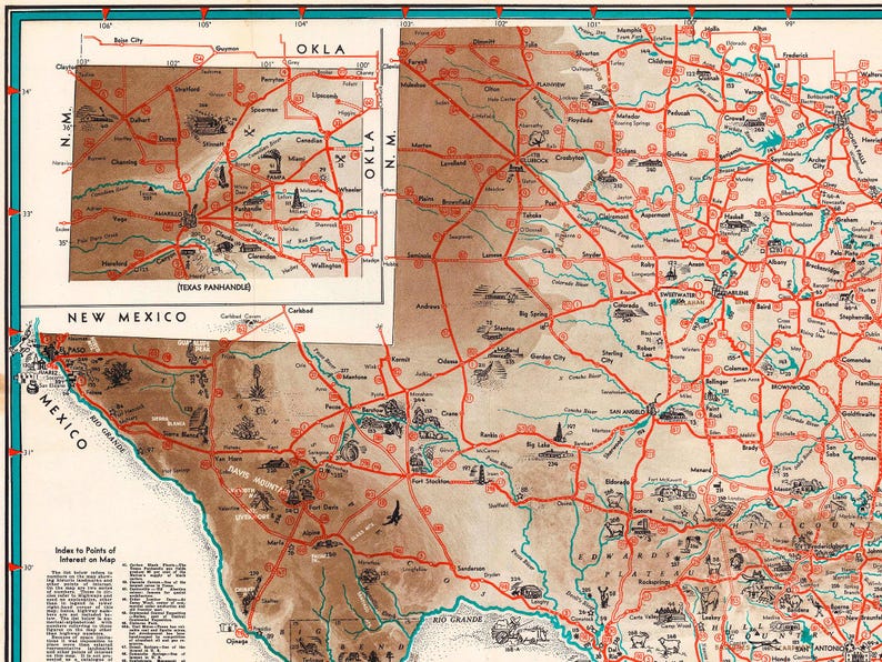 Vintage Texas Tourist Map Print: 1930s Pictorial Wall Art - Etsy