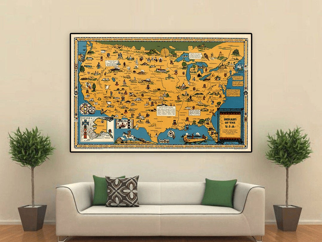 Native Americans Poster Map, Tribes Across U.S., Indians, Canoes ...