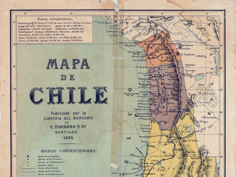 Vintage Map of Chile Old Chile Wall Map 19th Century Large - Etsy Singapore