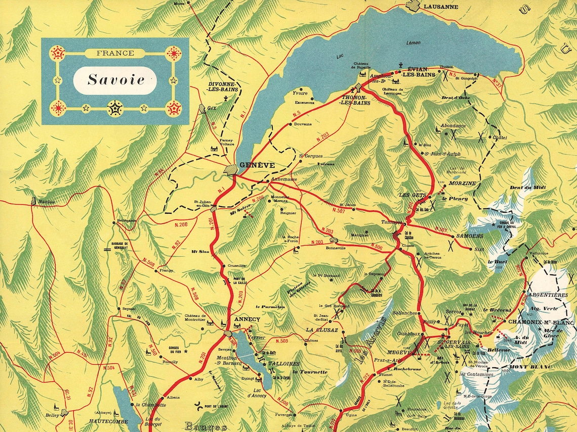 Map of the Savoy region in France and Switzerland vintage map | Etsy