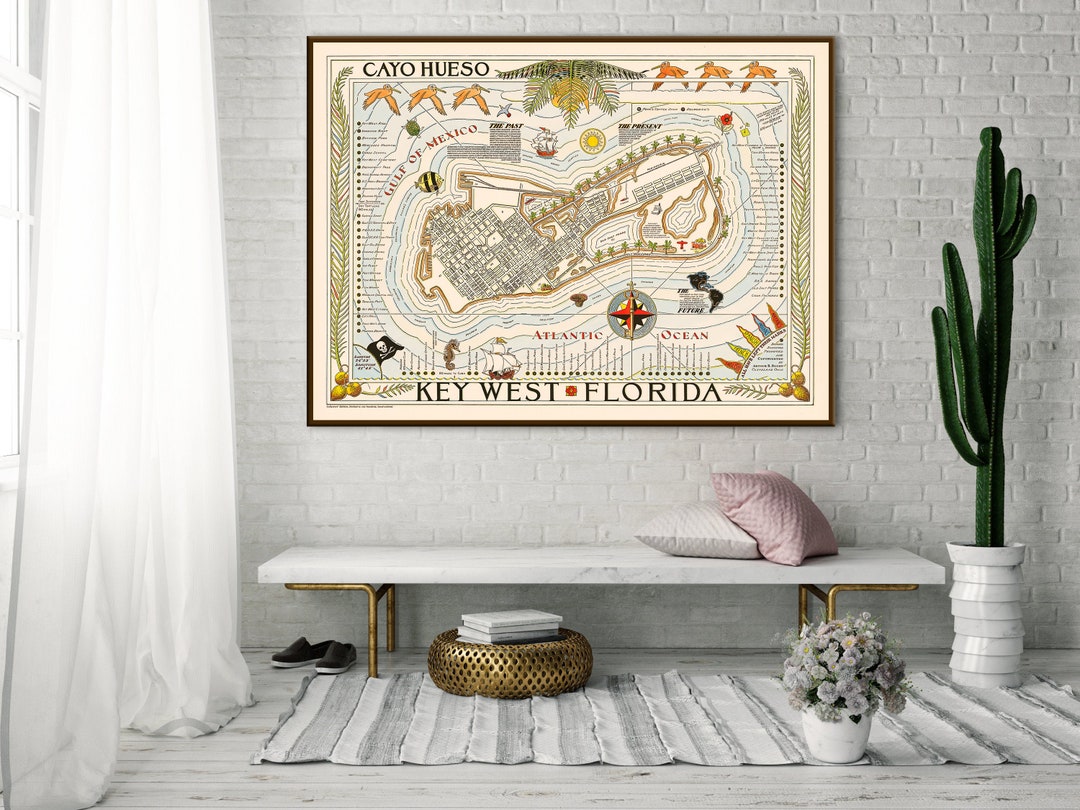 Decorative Florida Map of Key West, Old, Key West Wall Art, Key West FL ...
