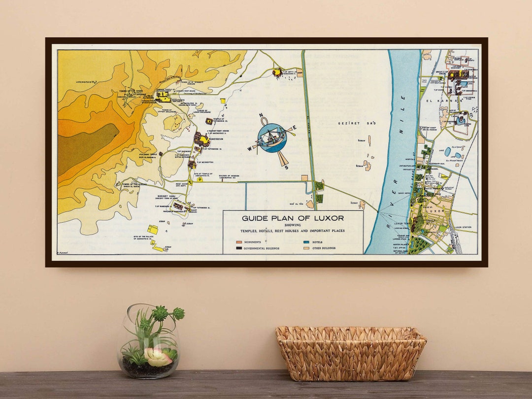 Vintage Map of Luxor Egypt, Luxor Temples, Hotels, Rest Houses and ...