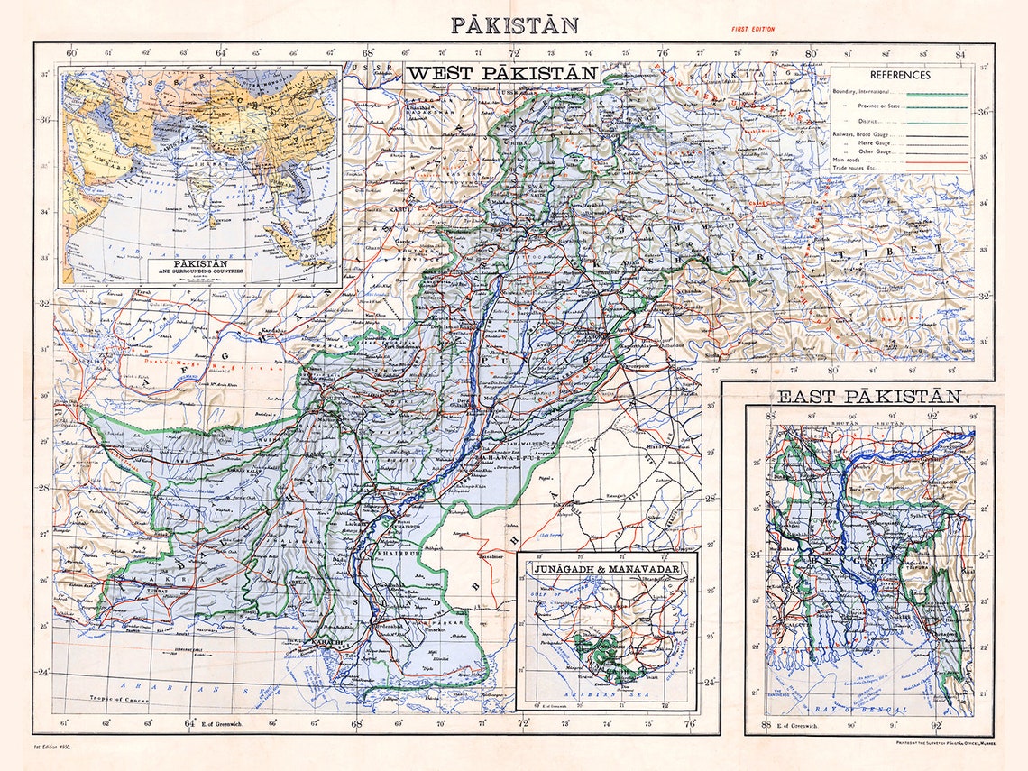 Old Pakistan Map Pakistan Wall Map Inset: East Pakistan | Etsy Canada