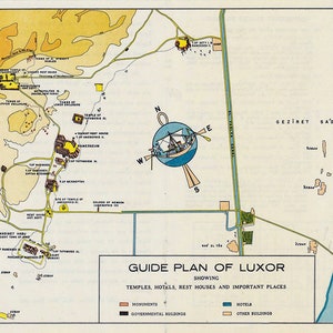 Vintage Map of Luxor Egypt, Luxor Temples, Hotels, Rest Houses and ...