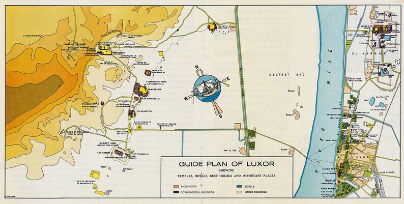 Vintage map of Luxor Egypt Luxor temples hotels rest houses | Etsy
