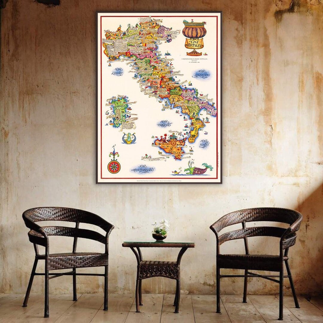 Vintage Italian Wine Regions Map | Retro Bar Decor | Gift for Wine ...
