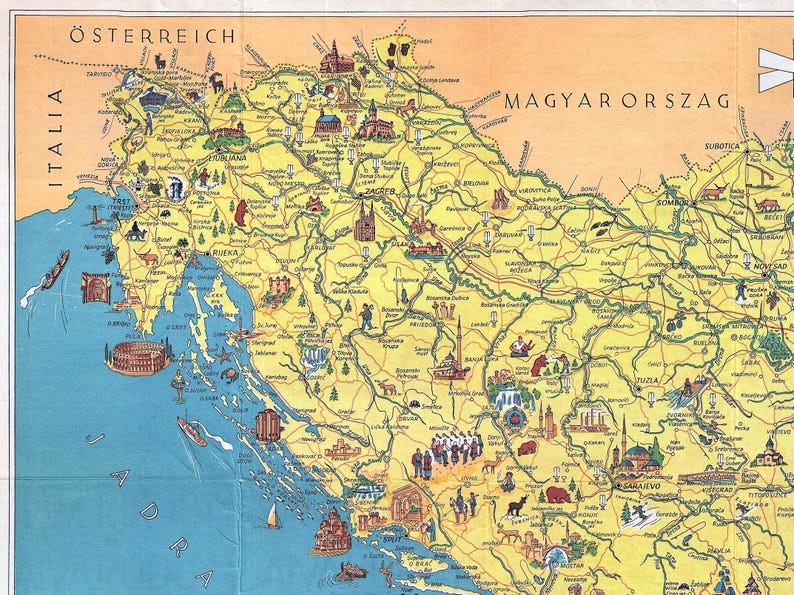 Antique Yugoslavia Travel Map 1954, Jugoslavija Tourism Pocket Guide ...