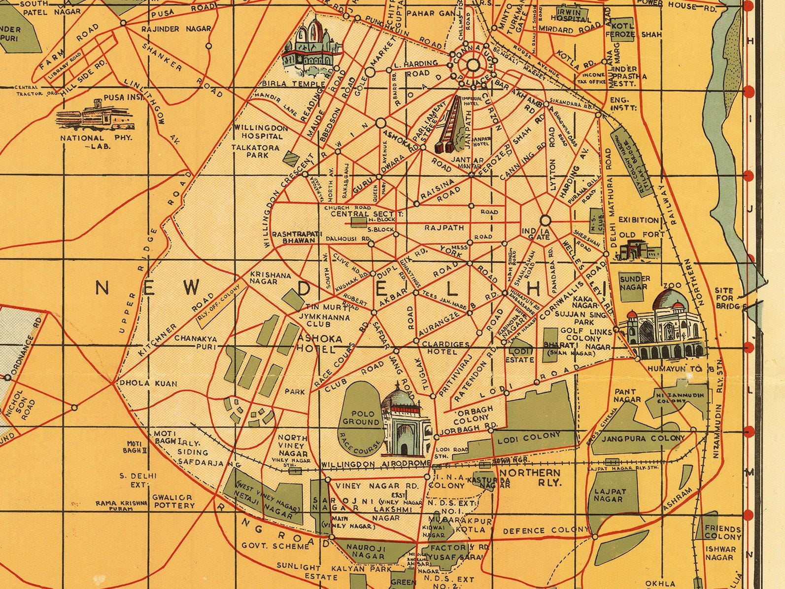 Vintage New Delhi Map Print: Pictorial India Road Map Wall Art - Etsy