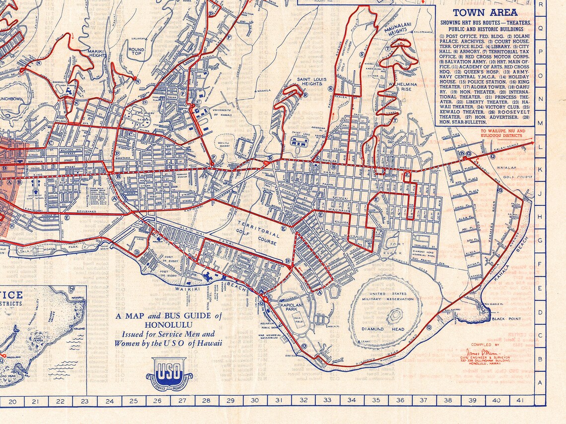 Vintage Map of Honolulu Old Honolulu Print Honolulu Wall - Etsy