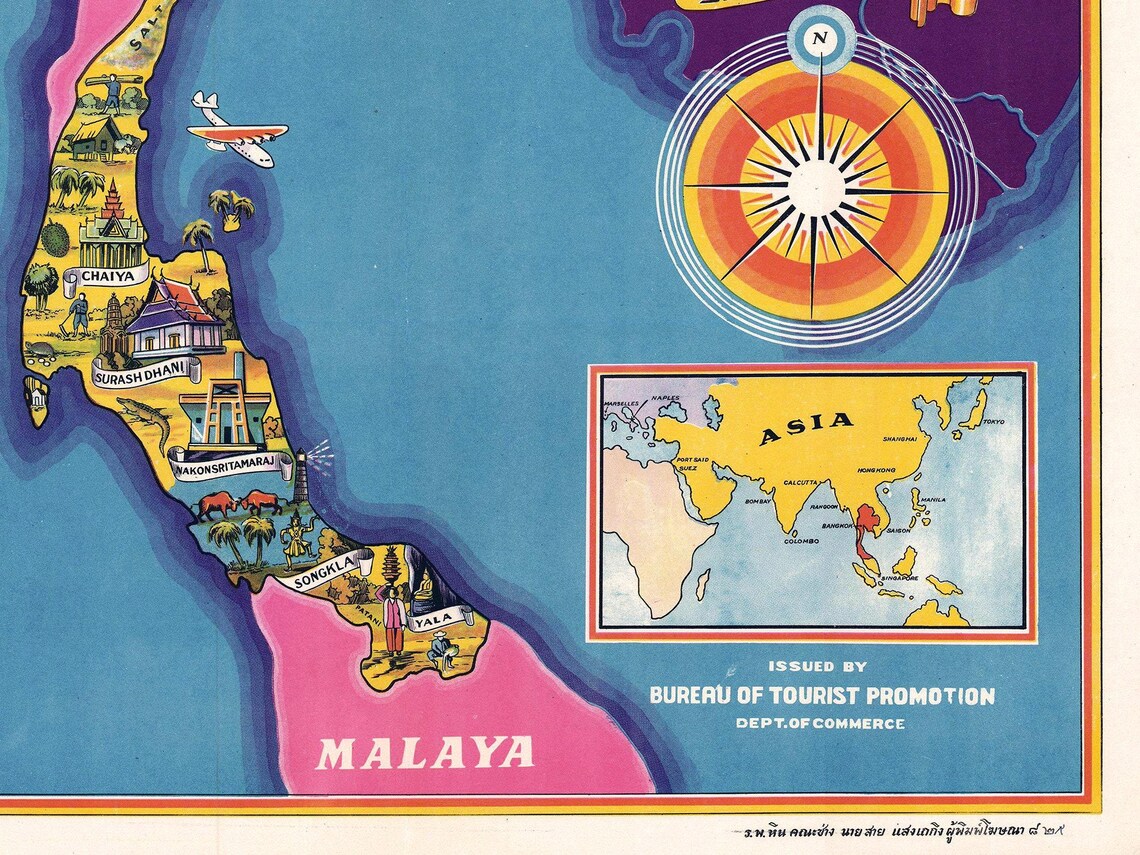 Vintage Thailand Travel Map Print: 1950s Tourist Attractions - Etsy