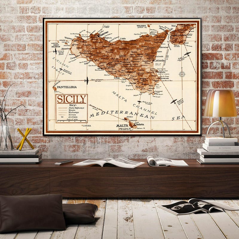 Vintage Framed Map Sicily - Etsy