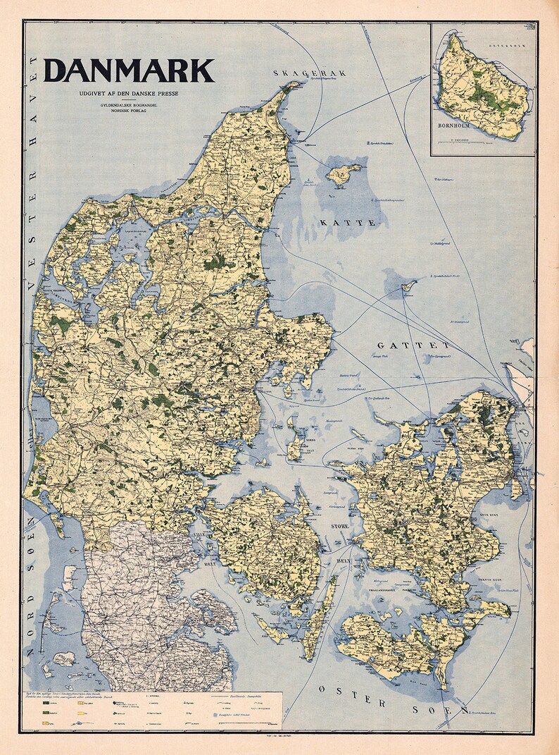 Vintage map of Denmark old Denmark map Denmark print | Etsy
