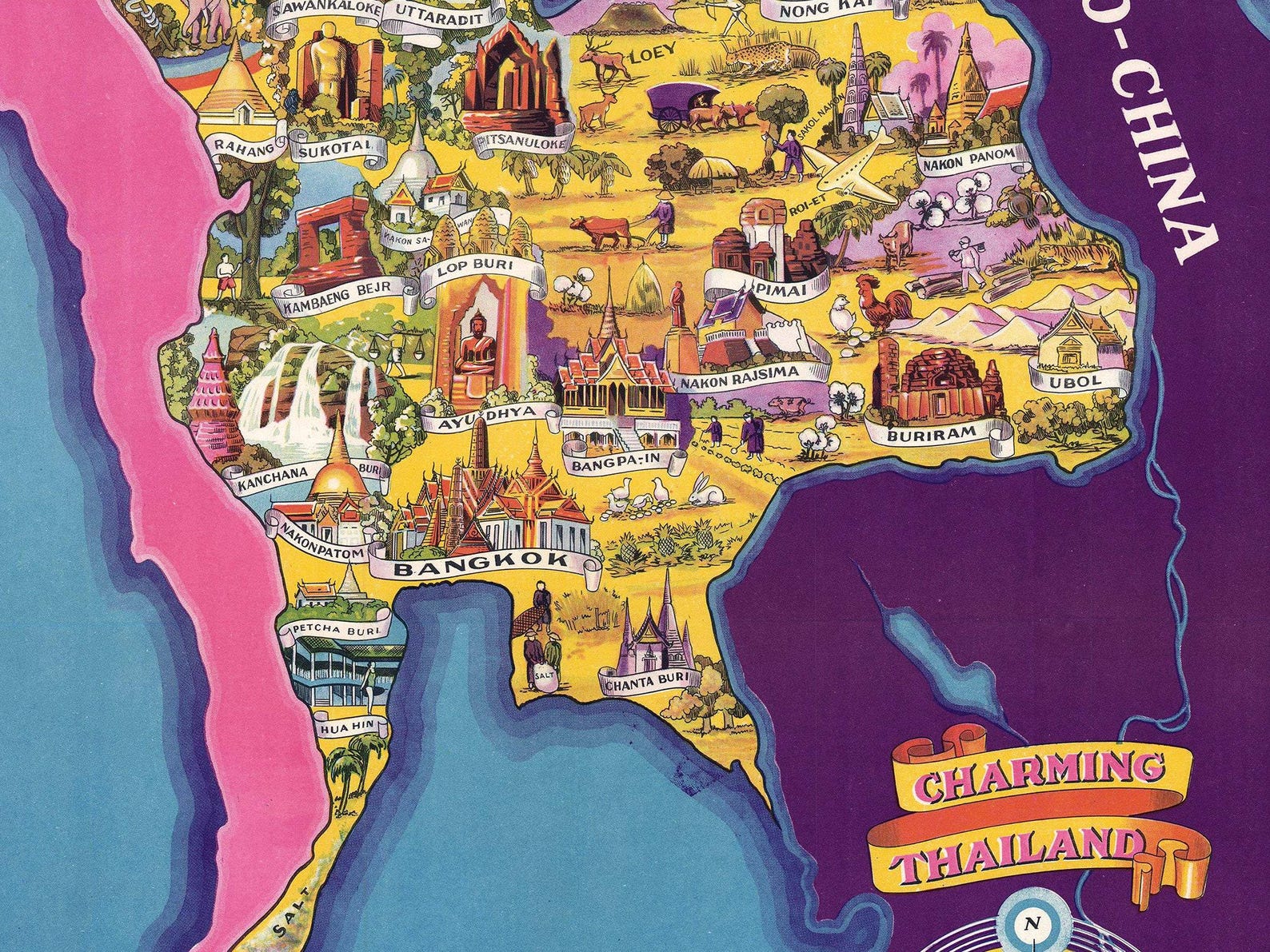 Vintage Thailand Travel Map Print: 1950s Tourist Attractions - Etsy