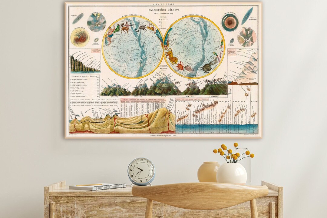 Infographic Map Combining a Celestial Map and Diagrams of Heights of ...