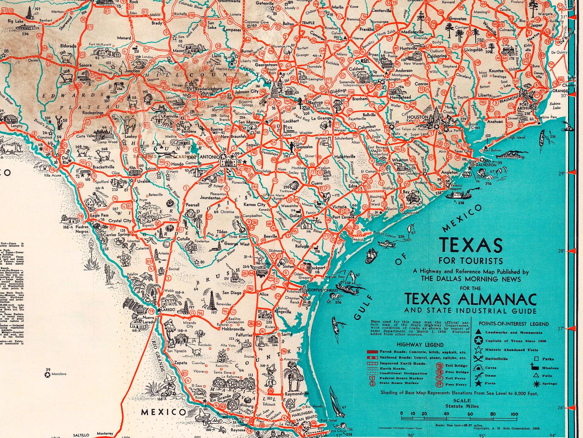 Vintage Texas Tourist Map Print: 1930s Pictorial Wall Art - Etsy