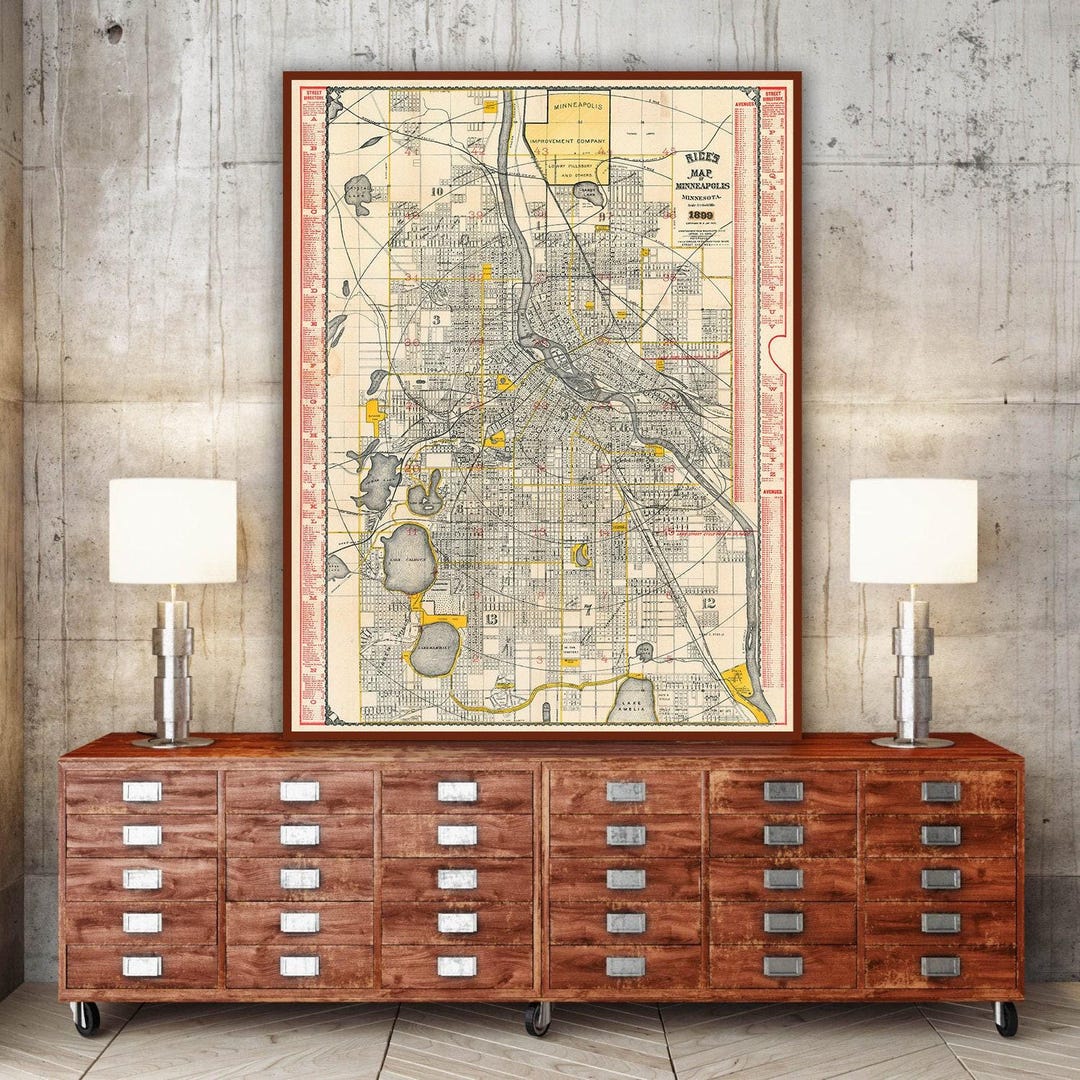 Antique Minneapolis Map 1899 | Jay Rice Original City Plan | Historic ...