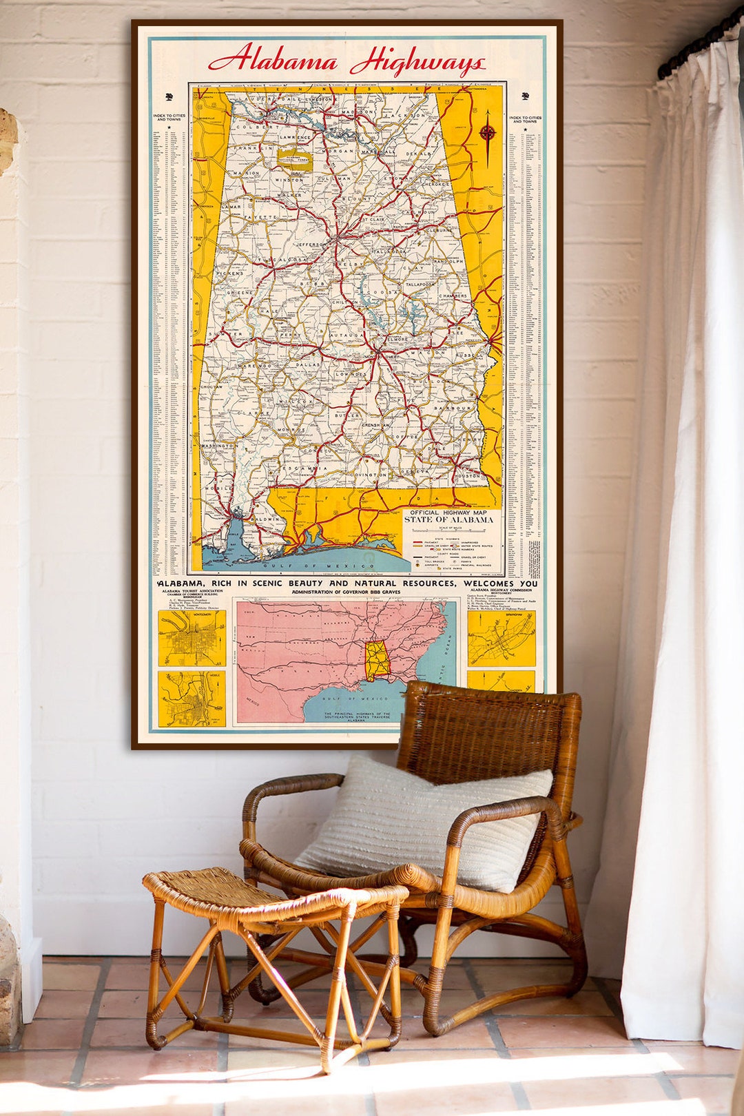 Vintage State Map of Alabama, Large Old Alabama Gifts Decor Art Print ...