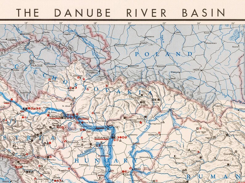 Impresión vintage del mapa de la cuenca del río Danubio: arte mural de ...