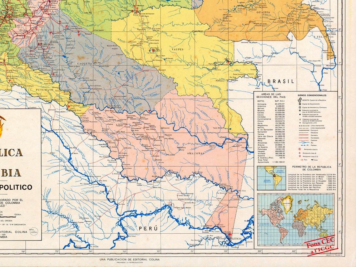 Colombia Wall Map Vintage Map of Colombia Old Colombia Map | Etsy