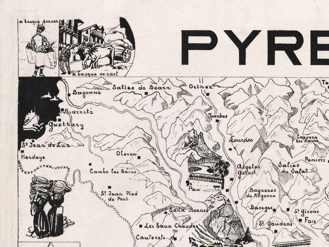 Map of the Pyrenees Pictorial Pyrenees Map Vintage Pyrenees - Etsy