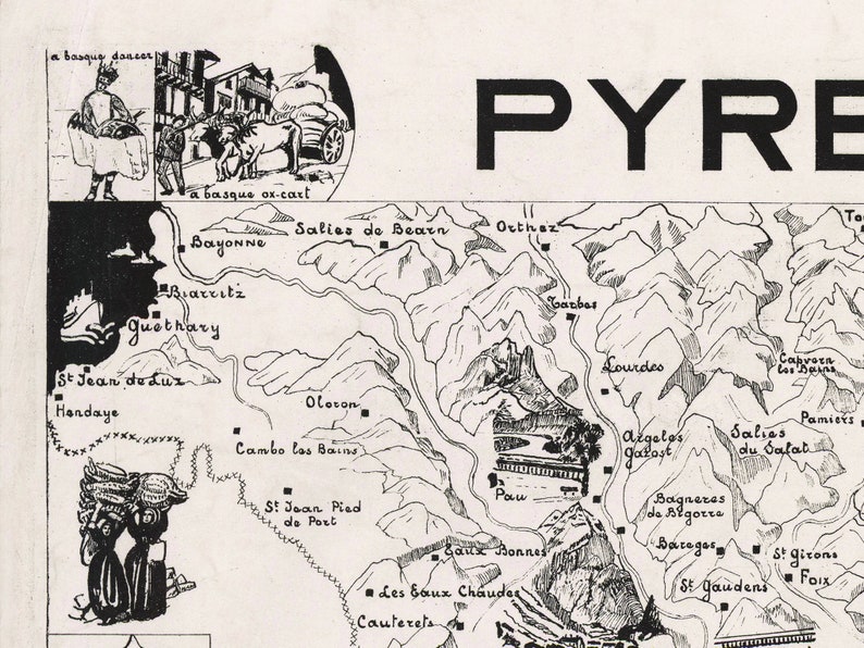 Map of the Pyrenees Pictorial Pyrenees Map Vintage Pyrenees - Etsy